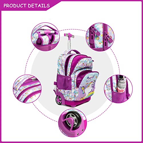 Oruiji Rolling Backpack for Girls Backpack with Wheels Unicorn Kids Wheeled Backpack for School with Lunch Box Trolley Wheeled Backpack Luggage Suitcase for Teen Girls