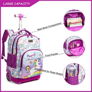 Oruiji Rolling Backpack for Girls Backpack with Wheels Unicorn Kids Wheeled Backpack for School with Lunch Box Trolley Wheeled Backpack Luggage Suitcase for Teen Girls