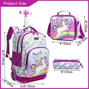 Oruiji Rolling Backpack for Girls Backpack with Wheels Unicorn Kids Wheeled Backpack for School with Lunch Box Trolley Wheeled Backpack Luggage Suitcase for Teen Girls