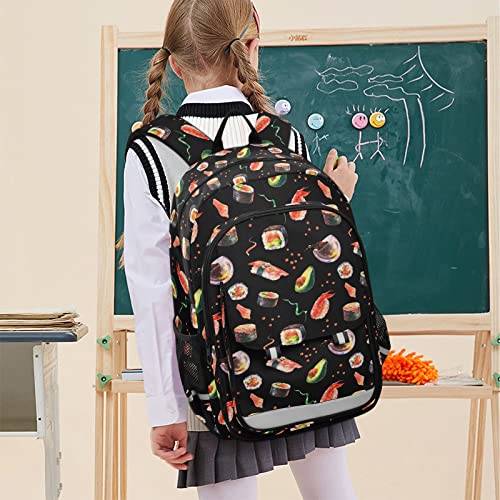 Vnurnrn Kids Backpack Japanese Sushi Print Big Storage Multi Pockets 17.7 IN School Backpack with Chest Buckle Reflective Strip for Boys Girls 6+ years in Primary Middle High School