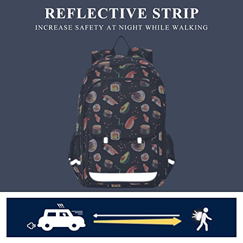 Vnurnrn Kids Backpack Japanese Sushi Print Big Storage Multi Pockets 17.7 IN School Backpack with Chest Buckle Reflective Strip for Boys Girls 6+ years in Primary Middle High School