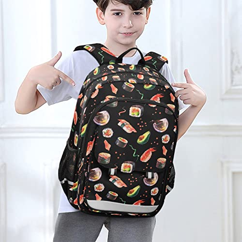 Vnurnrn Kids Backpack Japanese Sushi Print Big Storage Multi Pockets 17.7 IN School Backpack with Chest Buckle Reflective Strip for Boys Girls 6+ years in Primary Middle High School