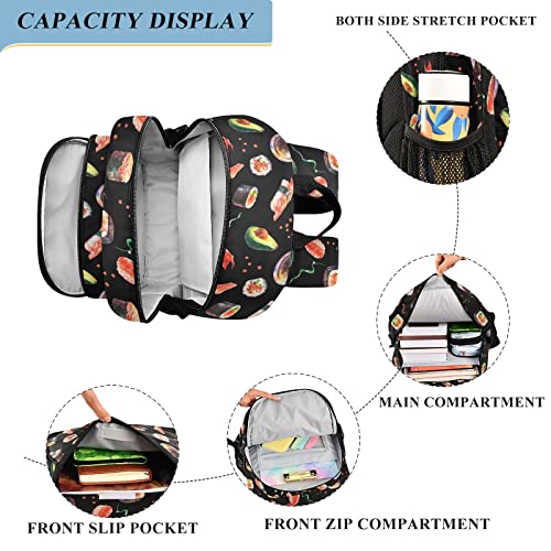 Vnurnrn Kids Backpack Japanese Sushi Print Big Storage Multi Pockets 17.7 IN School Backpack with Chest Buckle Reflective Strip for Boys Girls 6+ years in Primary Middle High School