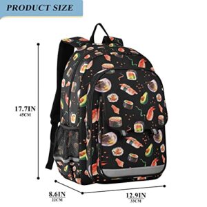 Vnurnrn Kids Backpack Japanese Sushi Print Big Storage Multi Pockets 17.7 IN School Backpack with Chest Buckle Reflective Strip for Boys Girls 6+ years in Primary Middle High School