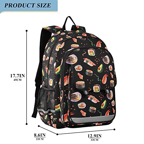 Vnurnrn Kids Backpack Japanese Sushi Print Big Storage Multi Pockets 17.7 IN School Backpack with Chest Buckle Reflective Strip for Boys Girls 6+ years in Primary Middle High School