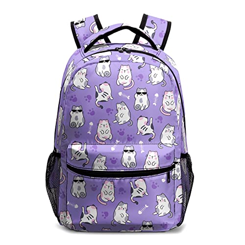 Dacawin Cat Backpack Cute Cats Animal Pattern Bookbag Lightweight Elementary Kindergarten Schoolbag Purple Kids Backpacks for Girls Boys Hiking Traveling Camping