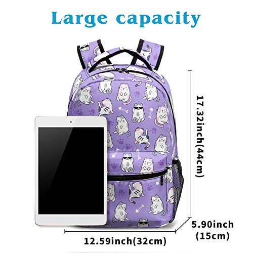 Dacawin Cat Backpack Cute Cats Animal Pattern Bookbag Lightweight Elementary Kindergarten Schoolbag Purple Kids Backpacks for Girls Boys Hiking Traveling Camping