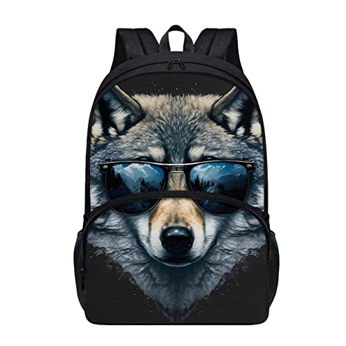 DMOYALA Black School Backpack for Kids Boys Wolf Print School Bag Cool Girl Wolf Backpack with Zipper Lightweight School Bag Casual Daypack Easy Clean Backpack 17Inch Large Bookbag,Wolf Pattern Color4