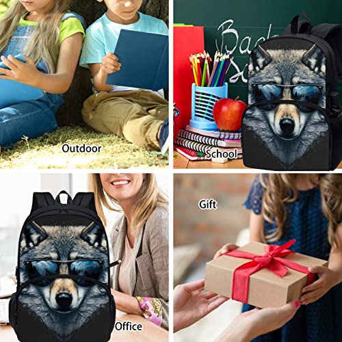 DMOYALA Black School Backpack for Kids Boys Wolf Print School Bag Cool Girl Wolf Backpack with Zipper Lightweight School Bag Casual Daypack Easy Clean Backpack 17Inch Large Bookbag,Wolf Pattern Color4