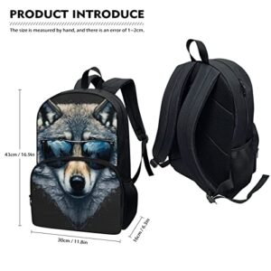 DMOYALA Black School Backpack for Kids Boys Wolf Print School Bag Cool Girl Wolf Backpack with Zipper Lightweight School Bag Casual Daypack Easy Clean Backpack 17Inch Large Bookbag,Wolf Pattern Color4