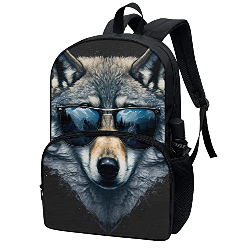 DMOYALA Black School Backpack for Kids Boys Wolf Print School Bag Cool Girl Wolf Backpack with Zipper Lightweight School Bag Casual Daypack Easy Clean Backpack 17Inch Large Bookbag,Wolf Pattern Color4