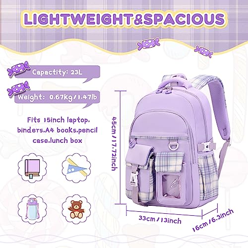 PIG PIG GIRL Girls Backpack, Lightweight Kids Backpack Functional Pockets Kawaii School Backpack Watrer Resistant Boogbag for Primary Elementary School,Purple