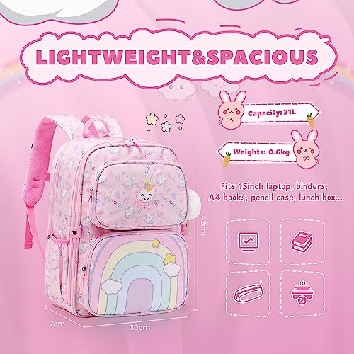 ASKSKY Backpack for Kids, Lightweight Girls Backpack Wide Open School Backpack Watrer Resistant Book Bag for Primary Elementary School,Pink Rainbow