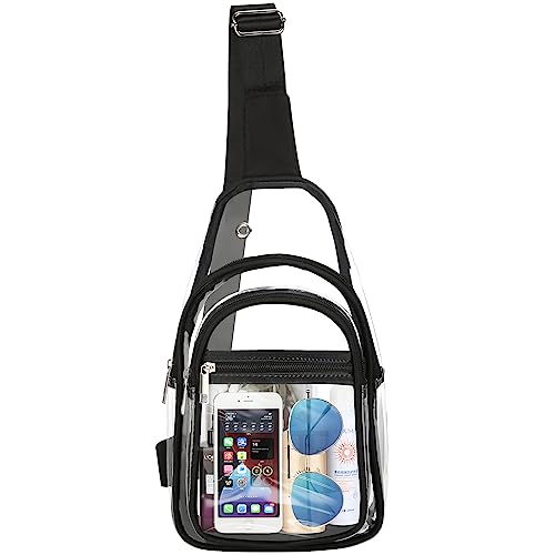 HAOGUAGUA Clear Sling Bag, Clear Crossbody Bag Stadium Approved, Transparent Chest Daypack for Hiking, Stadium or Concerts (Black)