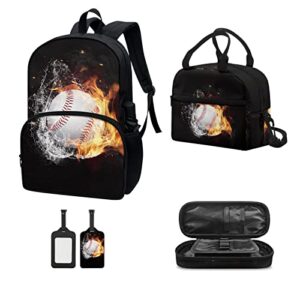 water and fire baseball large capacity school backpack aesthetic big art painted tote backpack for girls boys travel essentials portable bento box for hiking multi-function pencil pouch for boys girls