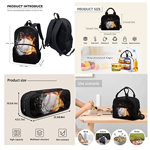 Water and Fire Baseball Large Capacity School Backpack Aesthetic Big Art Painted Tote Backpack for Girls Boys Travel Essentials Portable Bento Box for Hiking Multi-function Pencil Pouch for Boys Girls