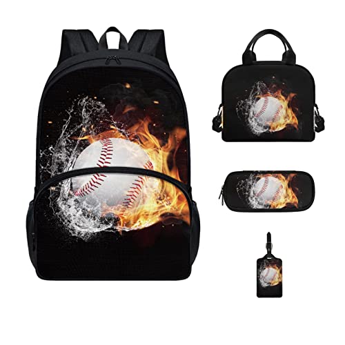 Water and Fire Baseball Large Capacity School Backpack Aesthetic Big Art Painted Tote Backpack for Girls Boys Travel Essentials Portable Bento Box for Hiking Multi-function Pencil Pouch for Boys Girls