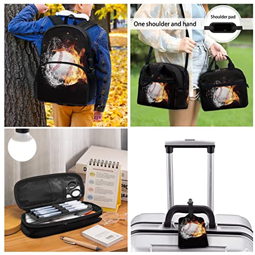 Water and Fire Baseball Large Capacity School Backpack Aesthetic Big Art Painted Tote Backpack for Girls Boys Travel Essentials Portable Bento Box for Hiking Multi-function Pencil Pouch for Boys Girls