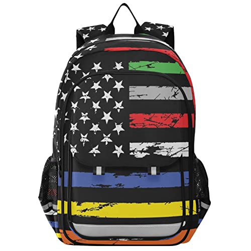 Glaphy American Flag Police Firefighter Backpack School Bag Lightweight Laptop Backpack Student Travel Daypack with Reflective Stripes