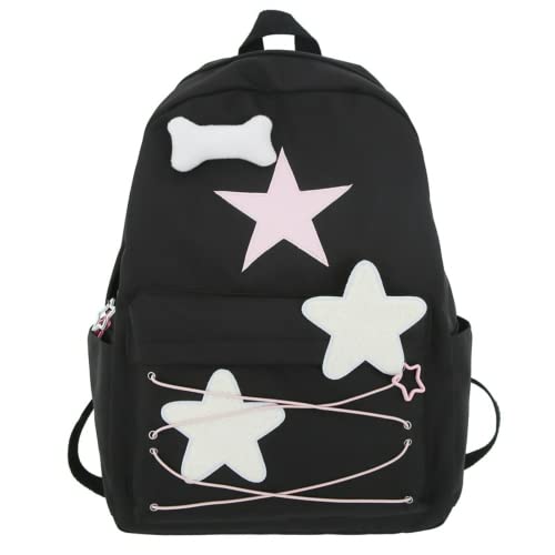 MININAI Preppy Backpack Cute Stars Pattern Korean Style Backpack Aesthetic College Backpack for Work Travel (One Size,Black)