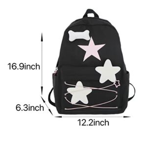 MININAI Preppy Backpack Cute Stars Pattern Korean Style Backpack Aesthetic College Backpack for Work Travel (One Size,Black)