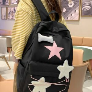 MININAI Preppy Backpack Cute Stars Pattern Korean Style Backpack Aesthetic College Backpack for Work Travel (One Size,Black)