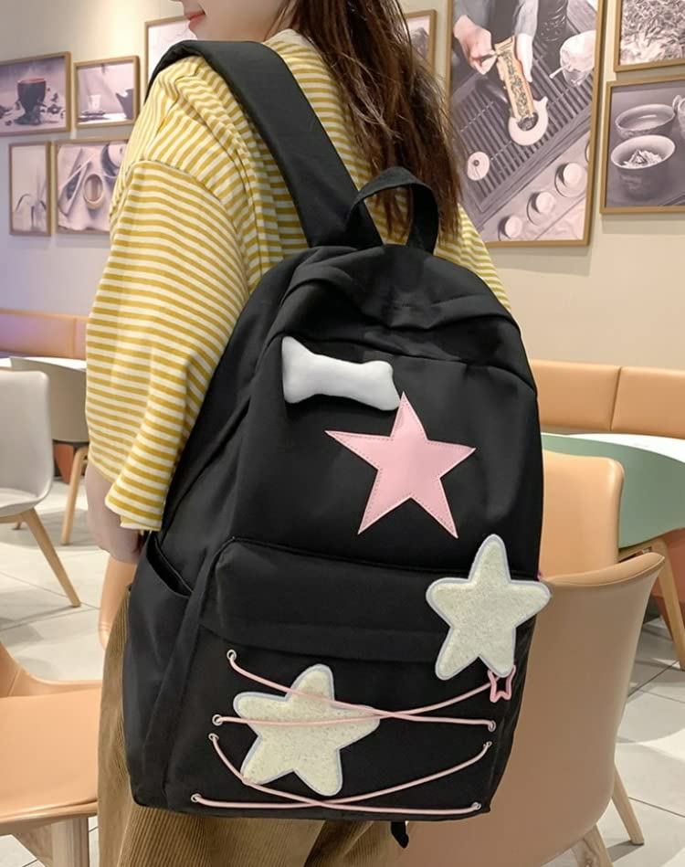 MININAI Preppy Backpack Cute Stars Pattern Korean Style Backpack Aesthetic College Backpack for Work Travel (One Size,Black)