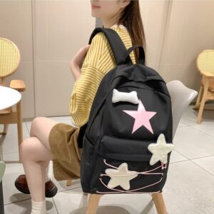 MININAI Preppy Backpack Cute Stars Pattern Korean Style Backpack Aesthetic College Backpack for Work Travel (One Size,Black)