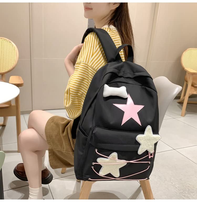 MININAI Preppy Backpack Cute Stars Pattern Korean Style Backpack Aesthetic College Backpack for Work Travel (One Size,Black)