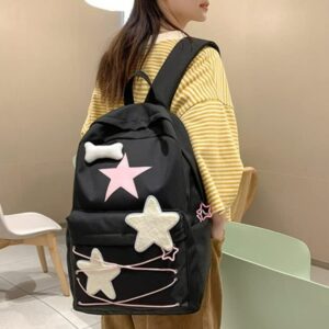 MININAI Preppy Backpack Cute Stars Pattern Korean Style Backpack Aesthetic College Backpack for Work Travel (One Size,Black)