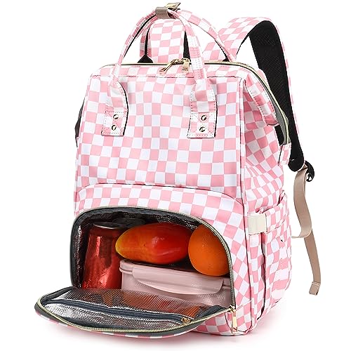 Dezcrab Checkered Lunch Backpack for Women Girls, Insulated Cooler Backpack Laptop Backpack School Backpack Bookbag Nurse Work Backpacks (Pink)