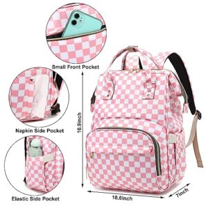 Dezcrab Checkered Lunch Backpack for Women Girls, Insulated Cooler Backpack Laptop Backpack School Backpack Bookbag Nurse Work Backpacks (Pink)