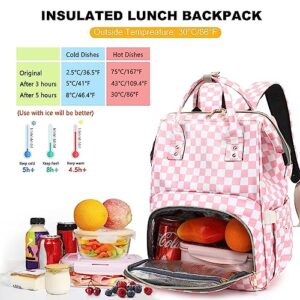 Dezcrab Checkered Lunch Backpack for Women Girls, Insulated Cooler Backpack Laptop Backpack School Backpack Bookbag Nurse Work Backpacks (Pink)