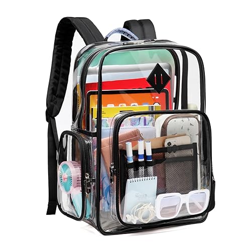 ASKSKY Clear Backpack for School, Heavy Duty PVC See Through Book Bag Stadium Approved Transparent Backpack, Black