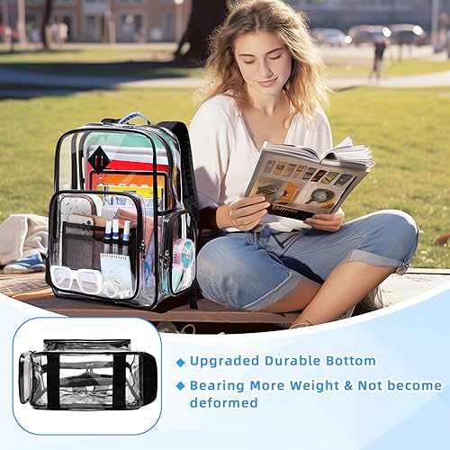 ASKSKY Clear Backpack for School, Heavy Duty PVC See Through Book Bag Stadium Approved Transparent Backpack, Black