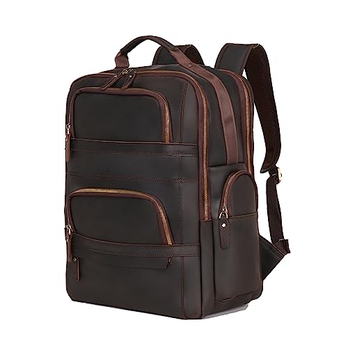 ZHYOL Full Grain Leather Backpack for Men 17.3 Inch Laptop Bag Vintage Travel Hiking Rucksack Casual Weekender Daypack