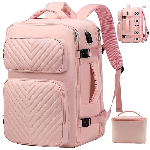 DWQOO Extra Large Travel Backpack For Women,Flight Luggage Backpack With Toiletry Bag,Personal Item Airline Approved Carry On Bag Fits 17.3 Inch Laptop,Pink