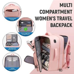 DWQOO Extra Large Travel Backpack For Women,Flight Luggage Backpack With Toiletry Bag,Personal Item Airline Approved Carry On Bag Fits 17.3 Inch Laptop,Pink