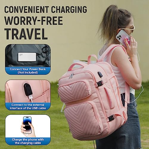 DWQOO Extra Large Travel Backpack For Women,Flight Luggage Backpack With Toiletry Bag,Personal Item Airline Approved Carry On Bag Fits 17.3 Inch Laptop,Pink