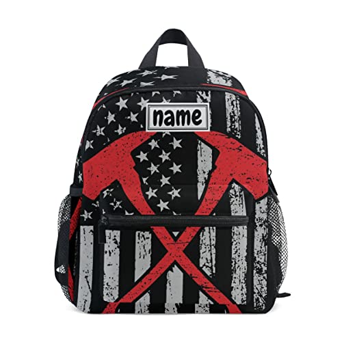 Glaphy Custom Kid's Name Backpack, American Flag Firefighter Toddler Backpack for Daycare Travel, Personalized Name Preschool Bookbags for Boys Girls