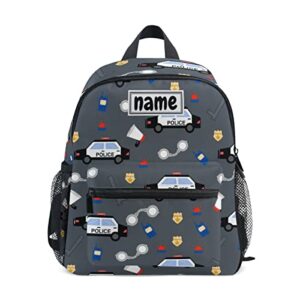 glaphy custom kid's name backpack, police car pattern toddler backpack for daycare travel, personalized name preschool bookbags for boys girls