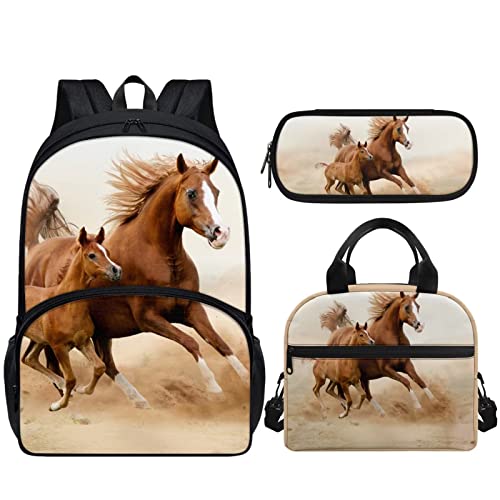 AmzPrint Horse Backpacks For Girls With Lunch Box,Elementary School Bags3 In 1 Bookbag Set Camping Childrens Backpack