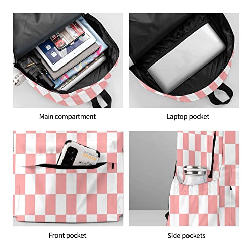 Pink White Checkered Backpack Adjustable Strap Shoulder Bag Laptop Backpack Casual Daypack