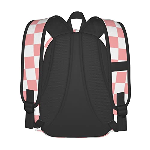 Pink White Checkered Backpack Adjustable Strap Shoulder Bag Laptop Backpack Casual Daypack