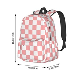 Pink White Checkered Backpack Adjustable Strap Shoulder Bag Laptop Backpack Casual Daypack