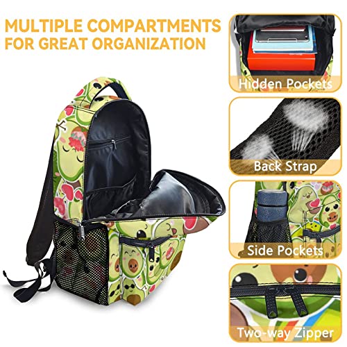 PAKKITOP Avocado Backpack with Lunch Box and Pencil Case Set, 3 in 1 Matching Kids Girls Boys Green Backpacks Combo, Cute School Bookbag and Pencil Case Bundle