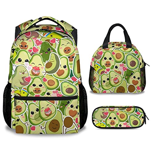 PAKKITOP Avocado Backpack with Lunch Box and Pencil Case Set, 3 in 1 Matching Kids Girls Boys Green Backpacks Combo, Cute School Bookbag and Pencil Case Bundle