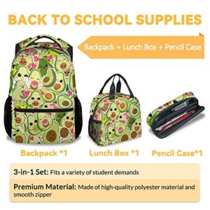 PAKKITOP Avocado Backpack with Lunch Box and Pencil Case Set, 3 in 1 Matching Kids Girls Boys Green Backpacks Combo, Cute School Bookbag and Pencil Case Bundle