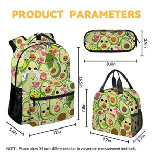 PAKKITOP Avocado Backpack with Lunch Box and Pencil Case Set, 3 in 1 Matching Kids Girls Boys Green Backpacks Combo, Cute School Bookbag and Pencil Case Bundle