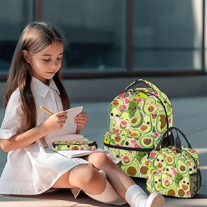 PAKKITOP Avocado Backpack with Lunch Box and Pencil Case Set, 3 in 1 Matching Kids Girls Boys Green Backpacks Combo, Cute School Bookbag and Pencil Case Bundle